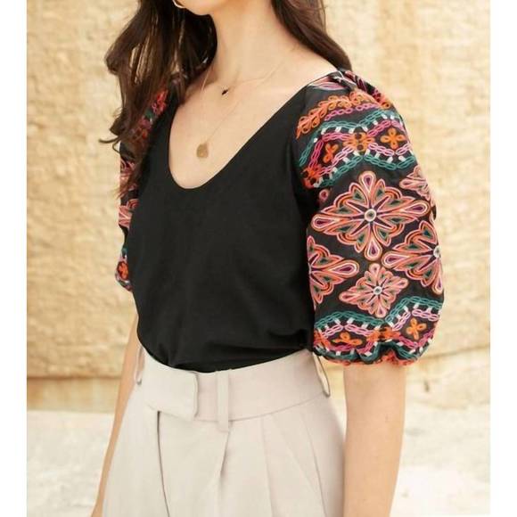 THML | Tops | New Thml Embroidered Puff Sleeve Top In Multi | Poshmark